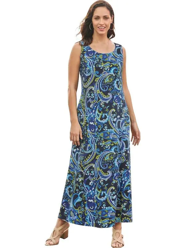 JESSICA LONDON Stretch Cotton Tank Maxi Dress - Navy Painterly Paisley