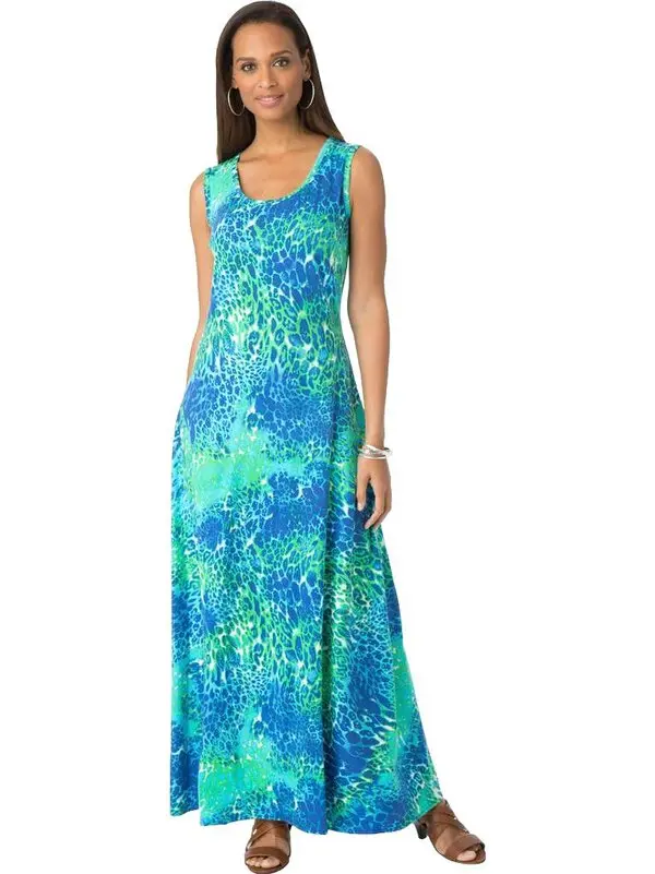 JESSICA LONDON Stretch Cotton Tank Maxi Dress - Ocean Print