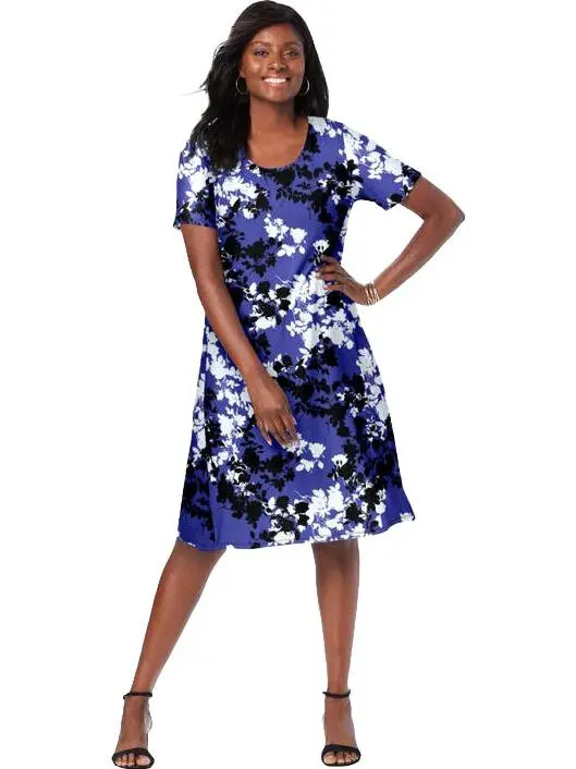 JESSICA LONDON Stretch Knit A-line Dress - True Blue Graphic Floral