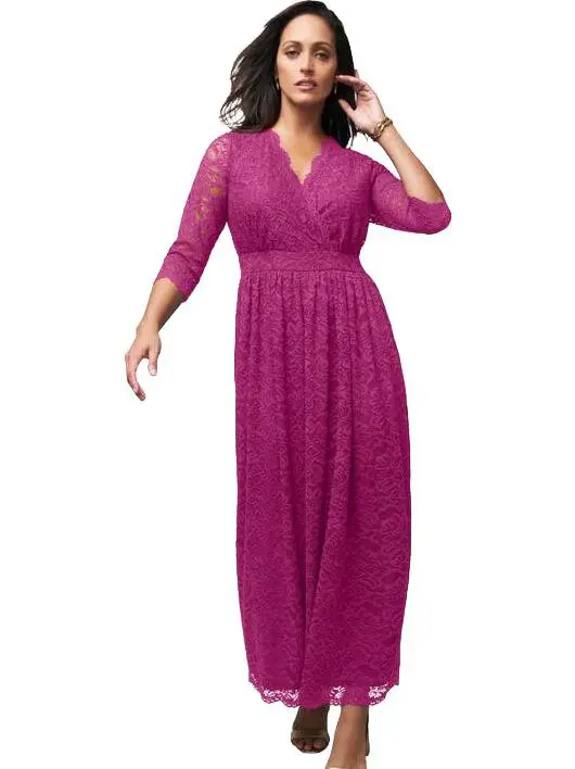 JESSICA LONDON Stretch Lace V-neck Maxi Dress - Raspberry