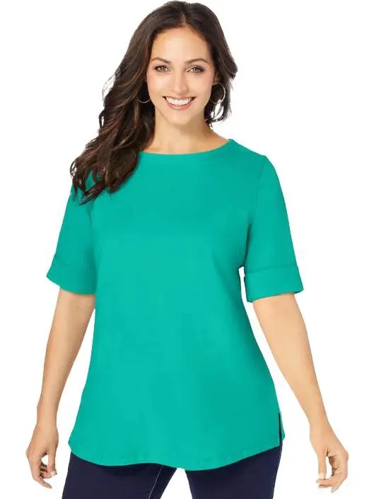 JESSICA LONDON Stretch Cotton Cuff T-shirt - Aqua Sea