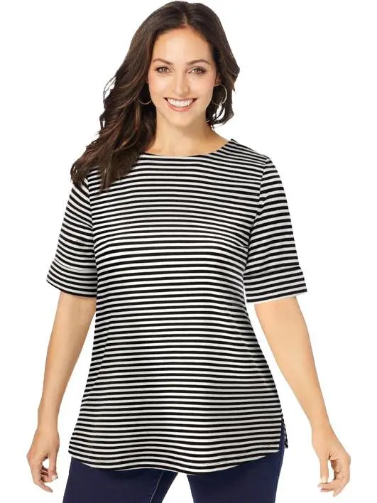 JESSICA LONDON Stretch Cotton Cuff T-shirt - Black Feeder Stripe