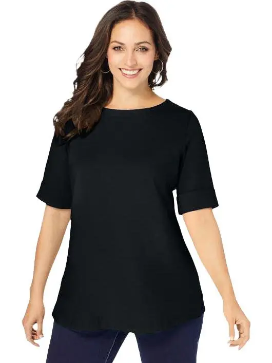 JESSICA LONDON Stretch Cotton Cuff T-shirt - Black
