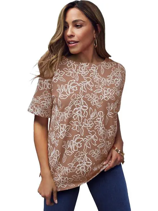 JESSICA LONDON Stretch Cotton Cuff T-shirt - Creamy Mocha Moving Floral