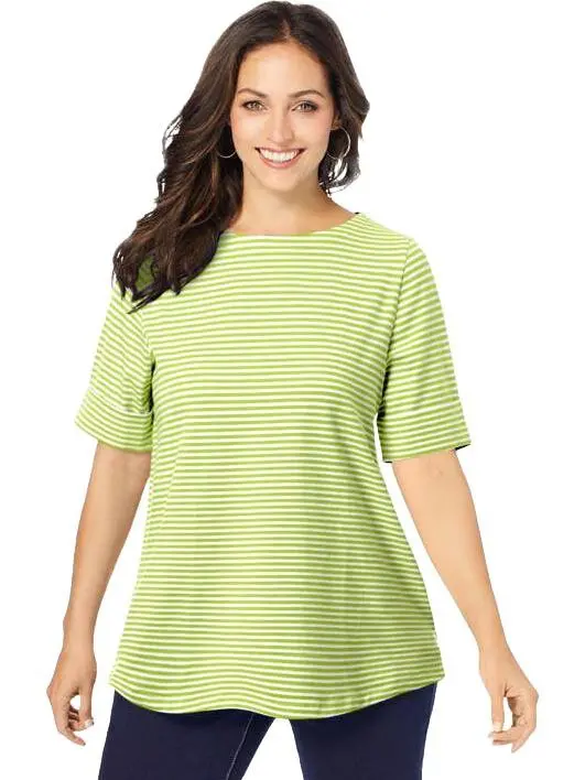 JESSICA LONDON Stretch Cotton Cuff T-shirt - Dark Lime Feeder Stripe