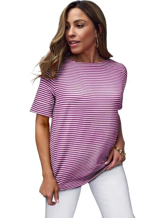 JESSICA LONDON Stretch Cotton Cuff T-shirt - Deep Orchid Feeder Stripe