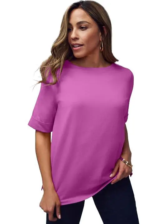 JESSICA LONDON Stretch Cotton Cuff T-shirt - Deep Orchid Feeder Stripe
