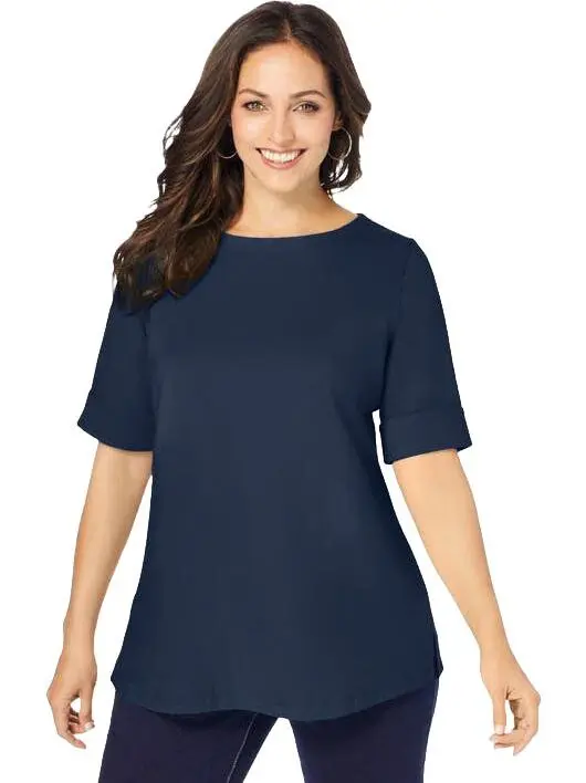 JESSICA LONDON Stretch Cotton Cuff T-shirt - Navy