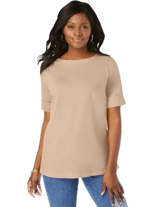 JESSICA LONDON Stretch Cotton Cuff T-shirt - New Khaki