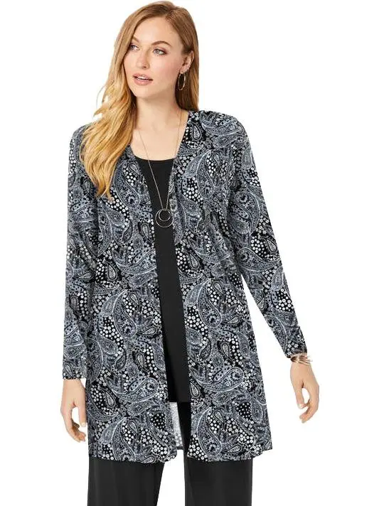 JESSICA LONDON Stretch Knit Open Front Cardigan - Black White Garden Paisley