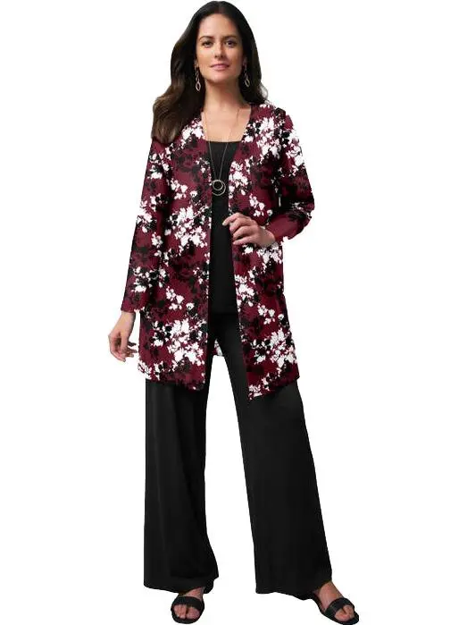 JESSICA LONDON Stretch Knit Open Front Cardigan - Burgundy Graphic Floral