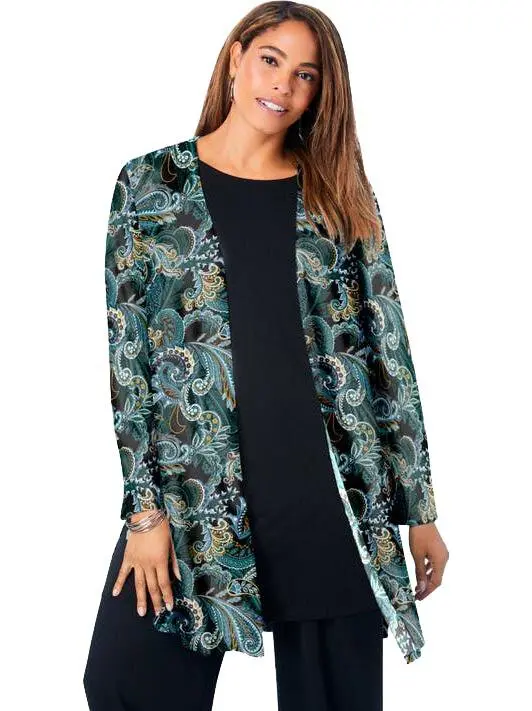 JESSICA LONDON Stretch Knit Open Front Cardigan - Frost Teal Paisley