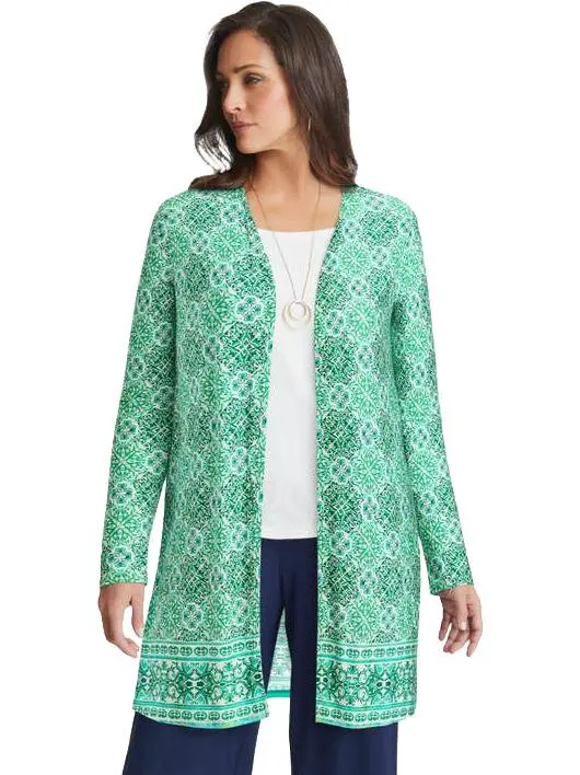 JESSICA LONDON Stretch Knit Open Front Cardigan - Green Mosaic Border
