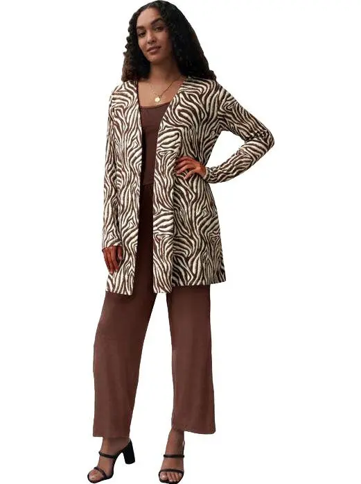 JESSICA LONDON Stretch Knit Open Front Cardigan - Ivory Watercolor Zebra