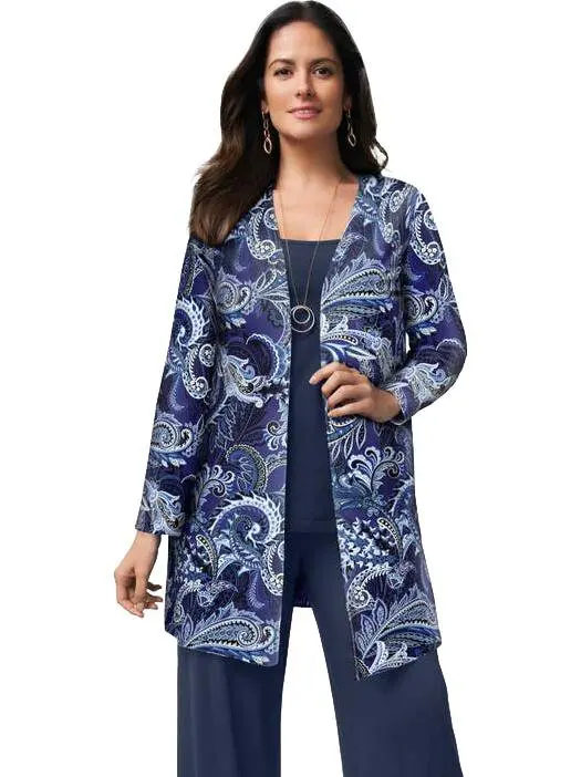 JESSICA LONDON Stretch Knit Open Front Cardigan - Navy Paisley