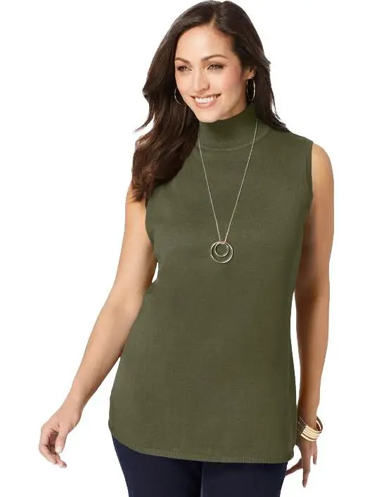 JESSICA LONDON Fine Gauge Mockneck Shell - Dark Olive Green