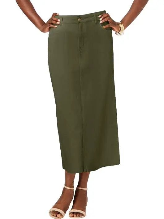 JESSICA LONDON True Fit Stretch Denim Midi Skirt - Dark Olive Green