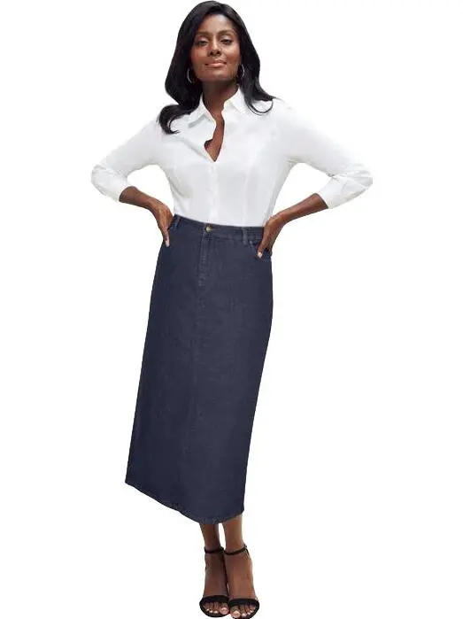 JESSICA LONDON True Fit Stretch Denim Midi Skirt - Indigo