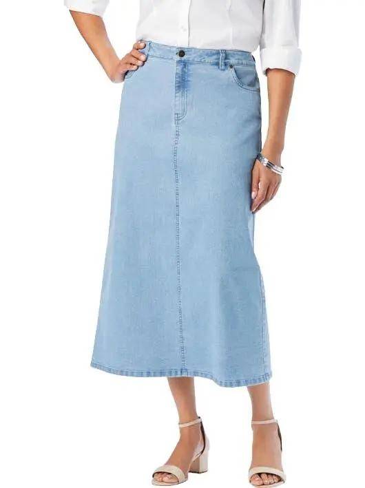 JESSICA LONDON True Fit Stretch Denim Midi Skirt - Light Wash