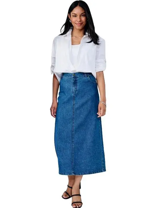 JESSICA LONDON True Fit Stretch Denim Midi Skirt - Medium Stonewash Orchid