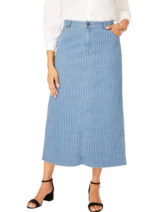 JESSICA LONDON True Fit Stretch Denim Midi Skirt - Stonewash Stripe