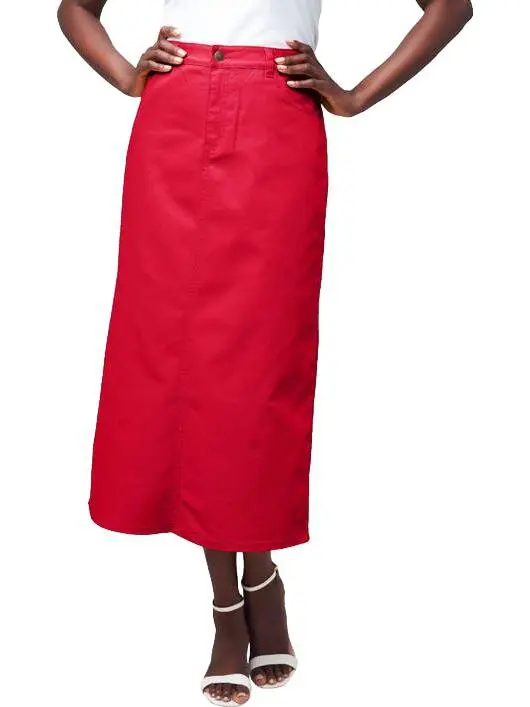 JESSICA LONDON True Fit Stretch Denim Midi Skirt - Vivid Red
