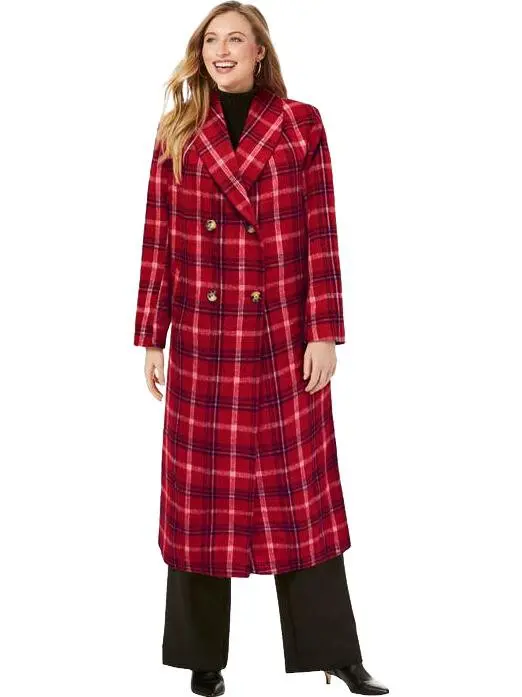 JESSICA LONDON Long Shawl Collar Wool Blend Coat - Rich Burgundy Shadow Plaid