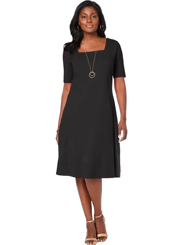 JESSICA LONDON Stretch Cotton Square Neck Midi Dress - Black