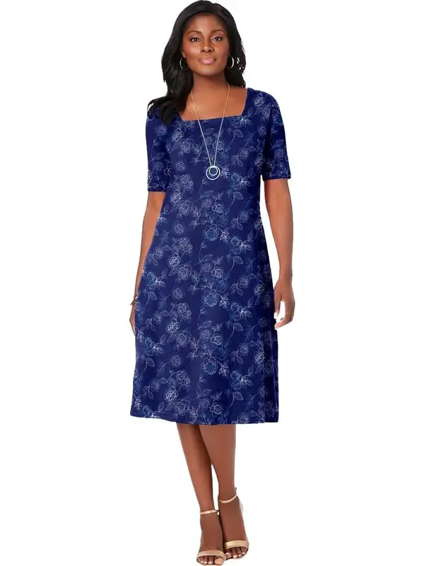 JESSICA LONDON Stretch Cotton Square Neck Midi Dress - Blue Outline Floral