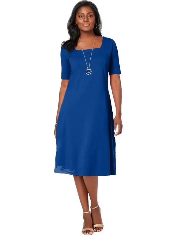 JESSICA LONDON Stretch Cotton Square Neck Midi Dress - Dark Sapphire