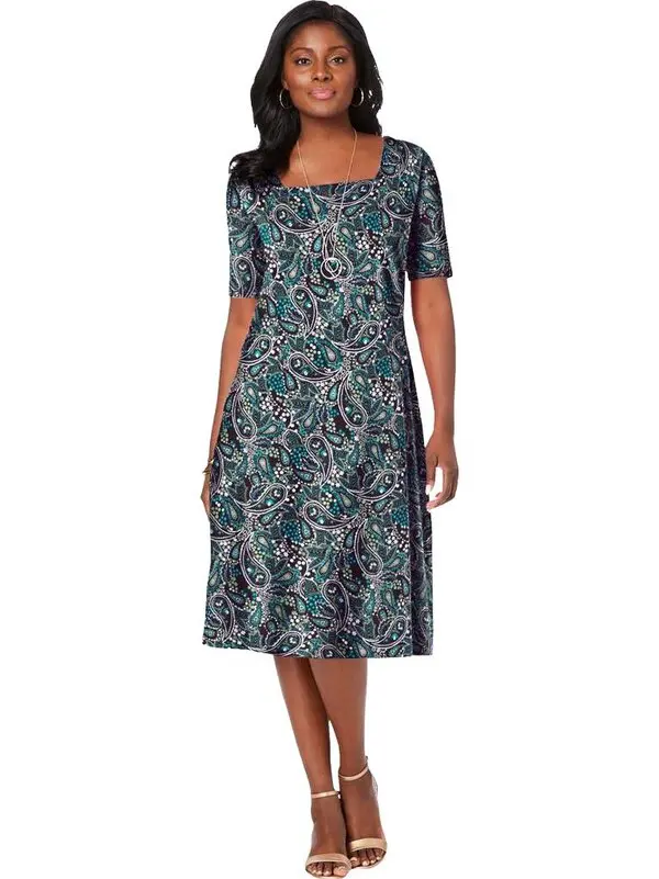 JESSICA LONDON Stretch Cotton Square Neck Midi Dress - Emerald Green Garden Paisley