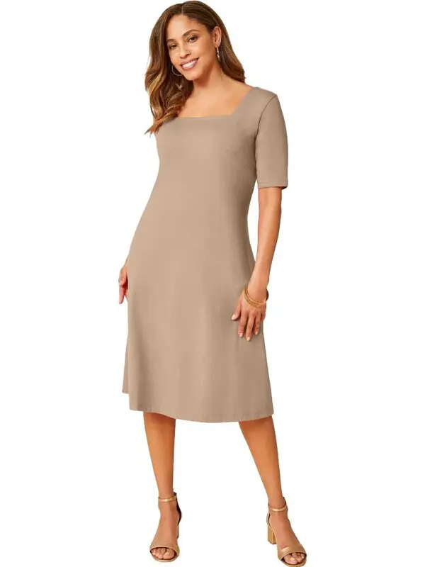 JESSICA LONDON Stretch Cotton Square Neck Midi Dress - New Khaki