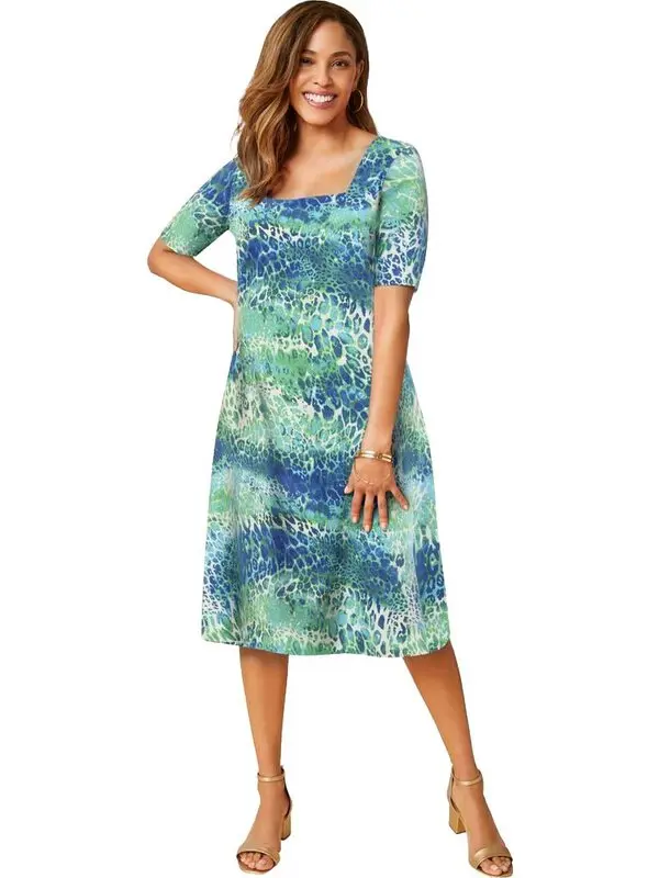JESSICA LONDON Stretch Cotton Square Neck Midi Dress - Ocean Print