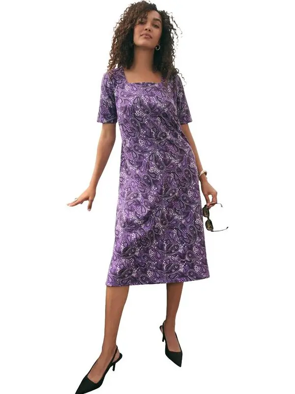 JESSICA LONDON Stretch Cotton Square Neck Midi Dress - Purple Garden Paisley