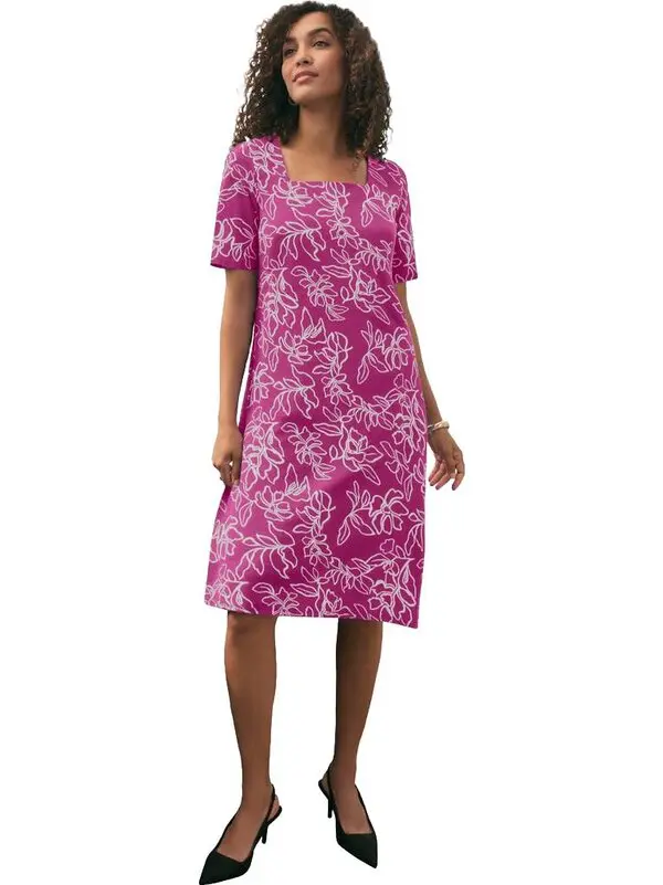 JESSICA LONDON Stretch Cotton Square Neck Midi Dress - Raspberry Floral