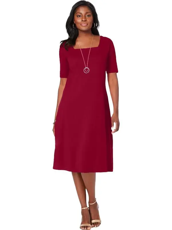 JESSICA LONDON Stretch Cotton Square Neck Midi Dress - Rich Burgundy