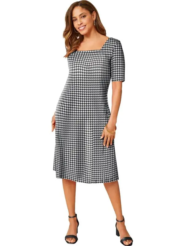 JESSICA LONDON Stretch Cotton Square Neck Midi Dress - White Houndstooth