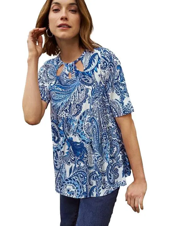JESSICA LONDON Stretch Knit Cutout Swing Tunic - Azure Mist Paisley