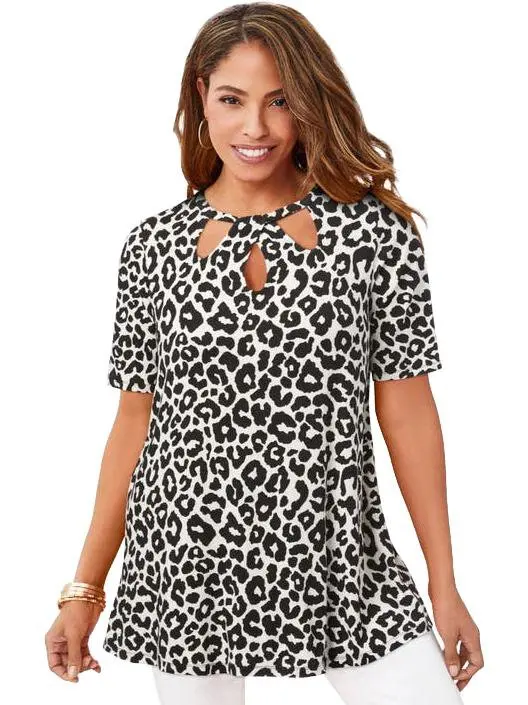 JESSICA LONDON Stretch Knit Cutout Swing Tunic - Black Cheetah