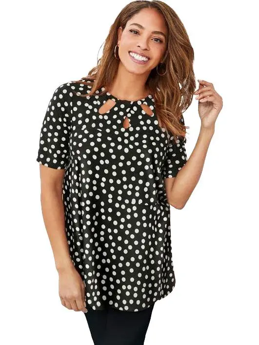 JESSICA LONDON Stretch Knit Cutout Swing Tunic - Black White Dot