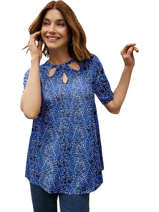 JESSICA LONDON Stretch Knit Cutout Swing Tunic - Blue Graphic Scroll