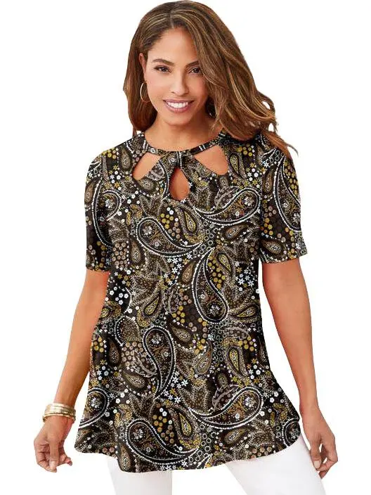 JESSICA LONDON Stretch Knit Cutout Swing Tunic - Brown Garden Paisley