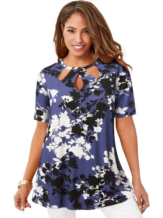 JESSICA LONDON Stretch Knit Cutout Swing Tunic - Dusk Graphic Floral