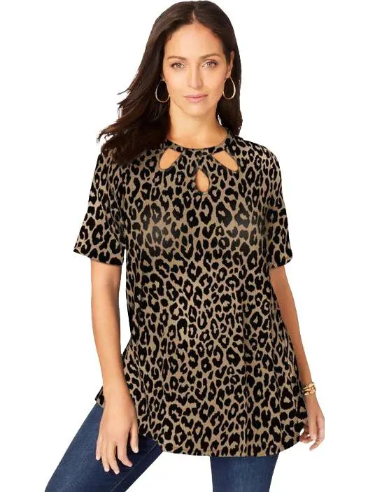 JESSICA LONDON Stretch Knit Cutout Swing Tunic - Khaki Cheetah