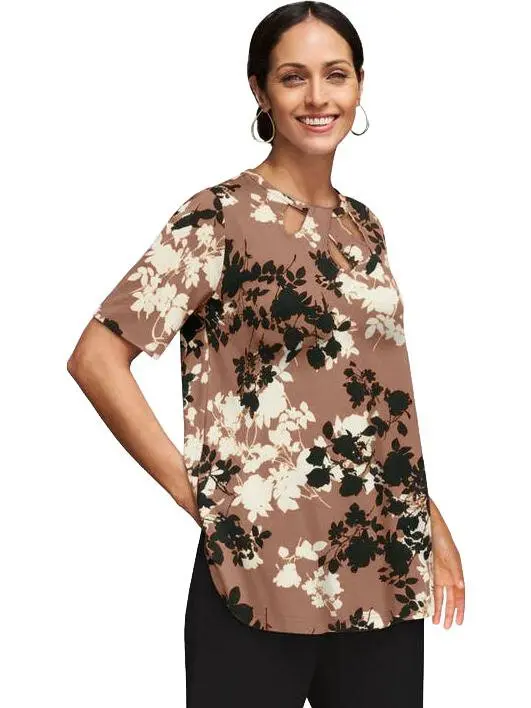 JESSICA LONDON Stretch Knit Cutout Swing Tunic - Mocha Graphic Floral