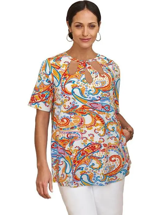 JESSICA LONDON Stretch Knit Cutout Swing Tunic - Multi Painterly Paisley