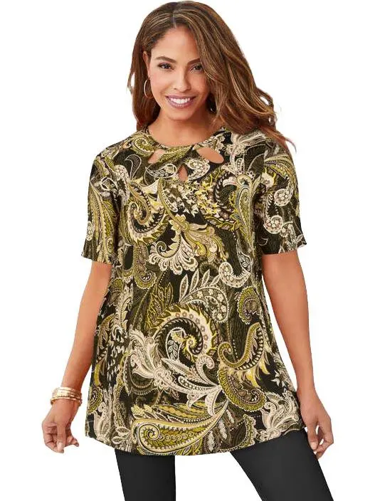 JESSICA LONDON Stretch Knit Cutout Swing Tunic - Olive Green Paisley