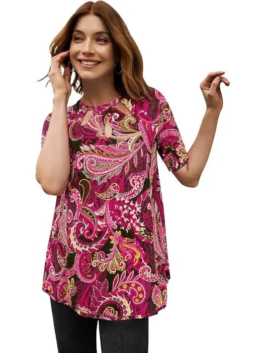 JESSICA LONDON Stretch Knit Cutout Swing Tunic - Pink Burst Paisley