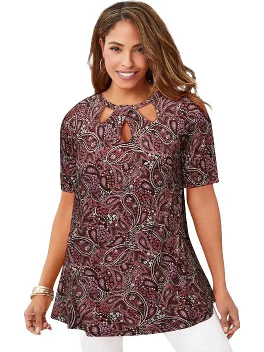 JESSICA LONDON Stretch Knit Cutout Swing Tunic - Rich Burgundy Garden Paisley