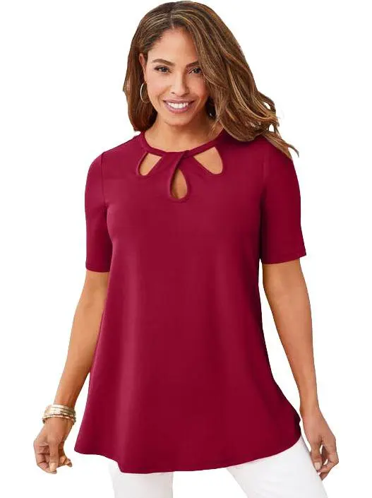 JESSICA LONDON Stretch Knit Cutout Swing Tunic - Rich Burgundy